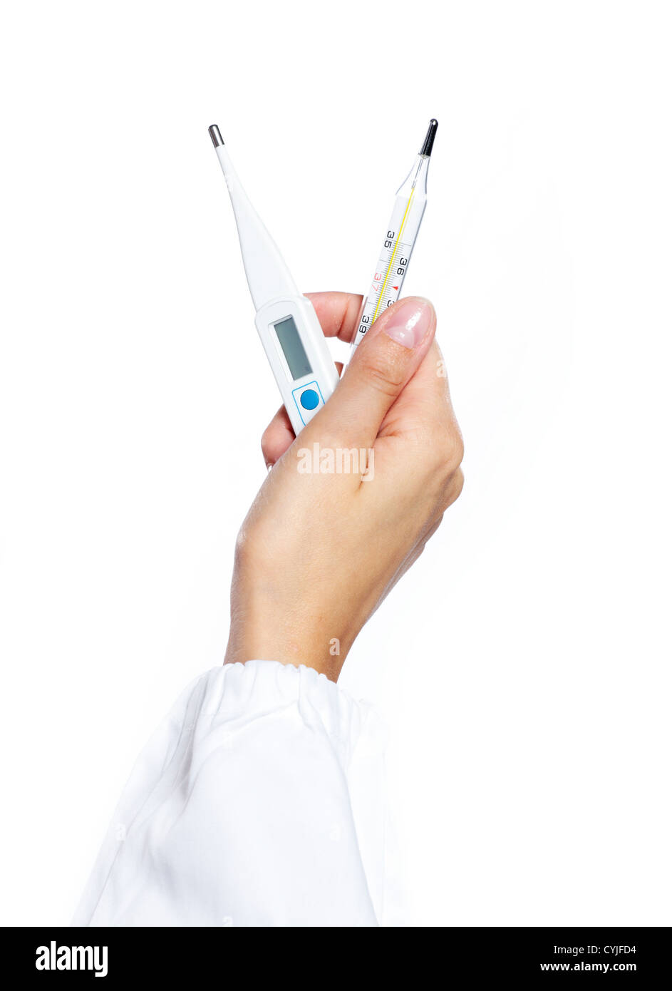 Checking Temperature on white background Stock Photo - Alamy