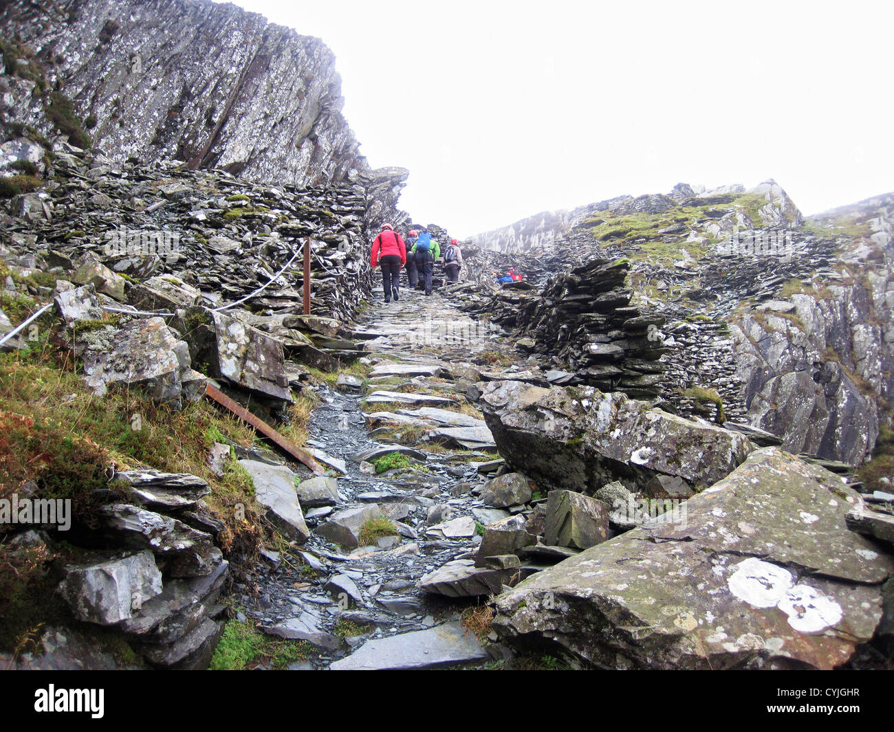 Tourists follow a Via Ferrata route at Honister Slate Mine in the Lake ...