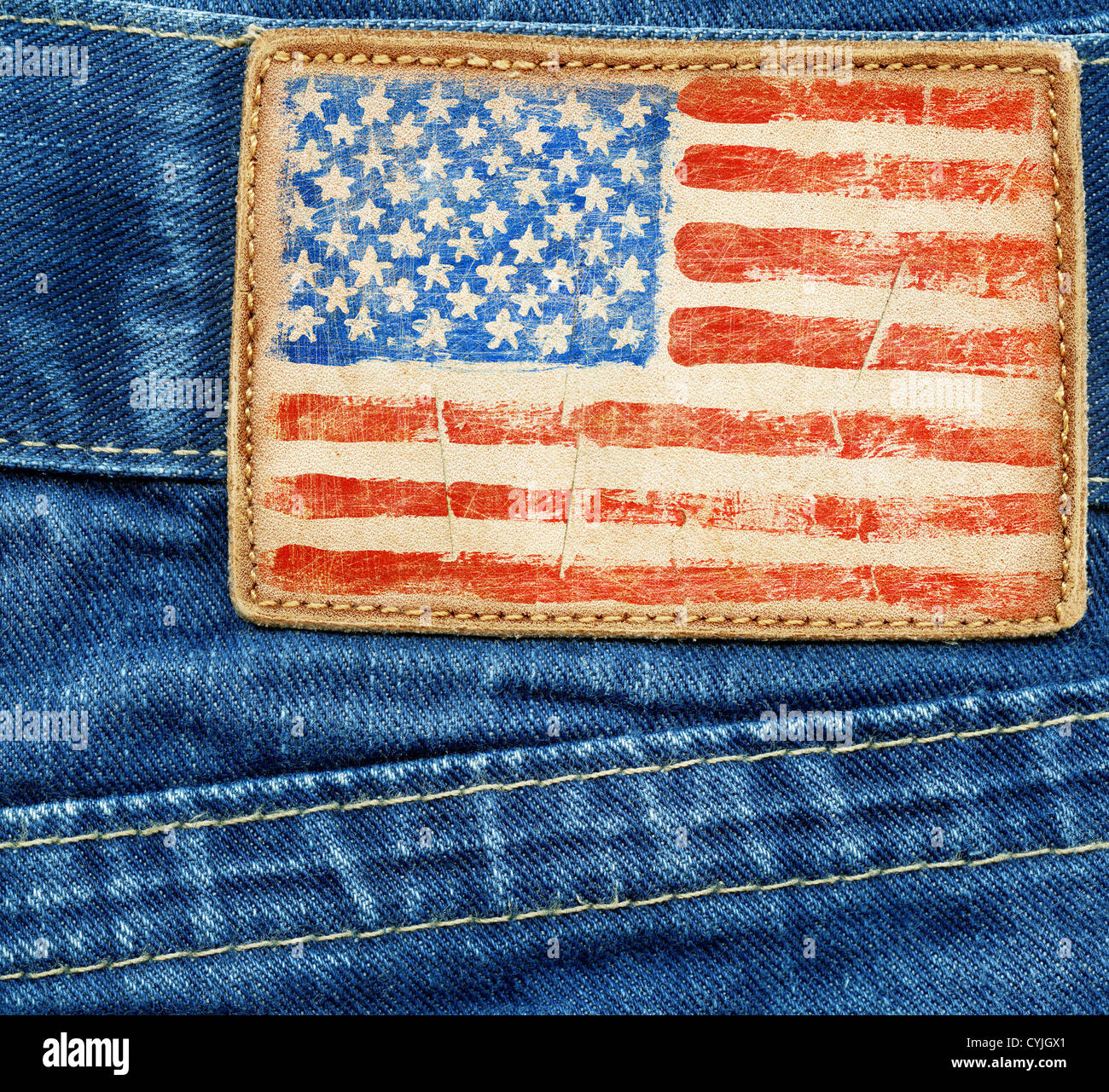 USA flag added on a blue jeans label Stock Photo - Alamy