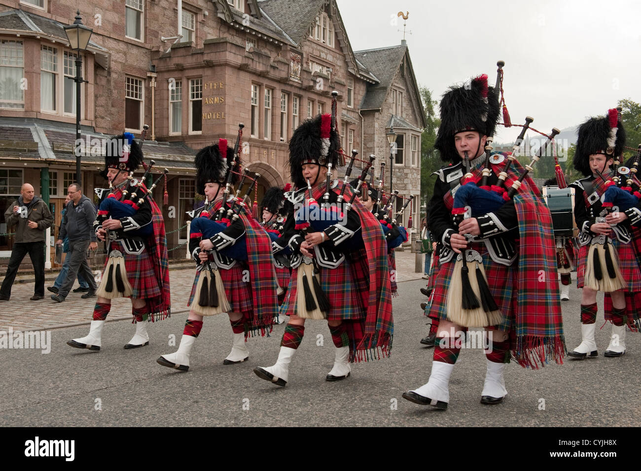 Scottish Massed Pipe Bands playing at the "Braemar Gathering Stock ...