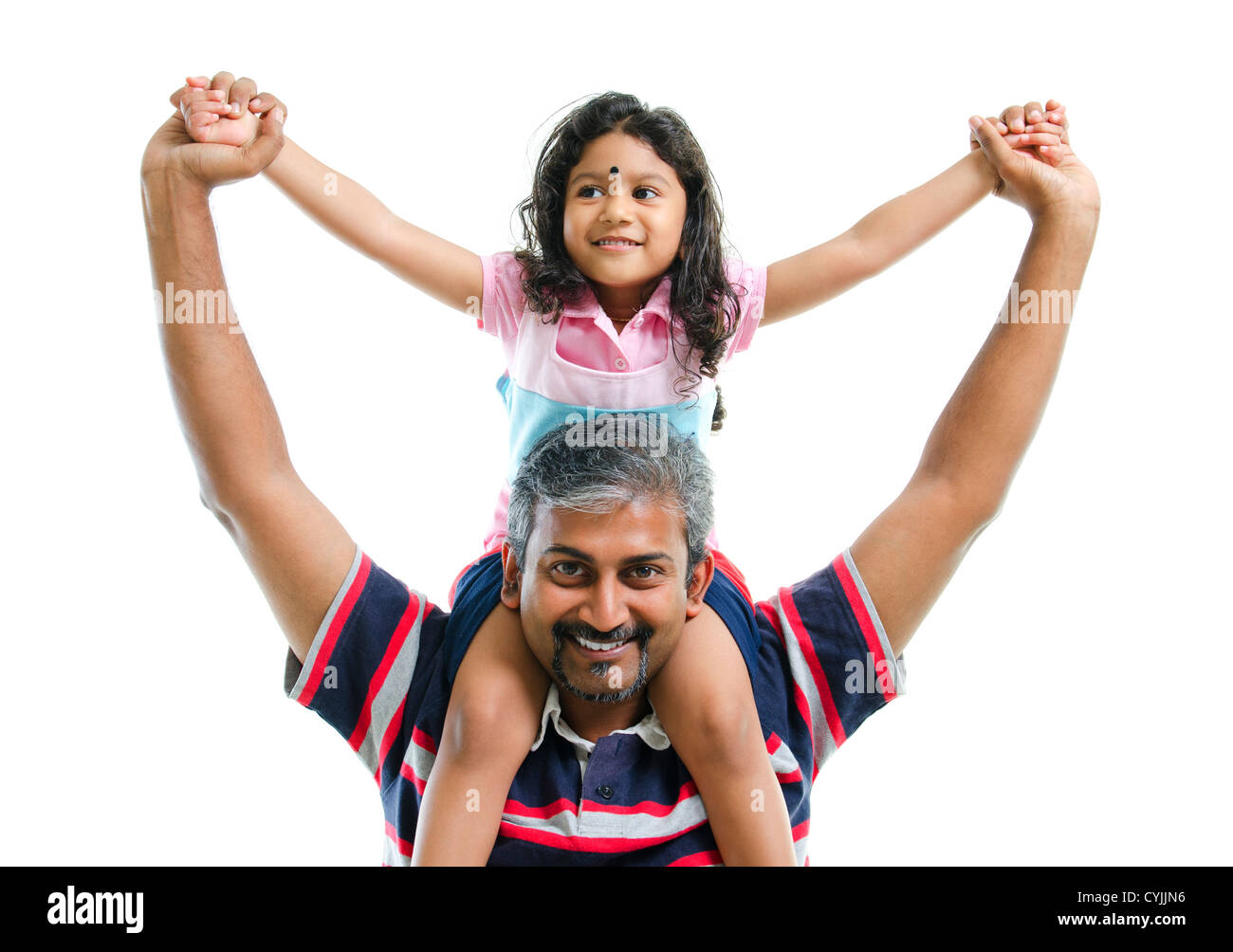 Indian father piggyback her daughter over white background Stock Photo ...