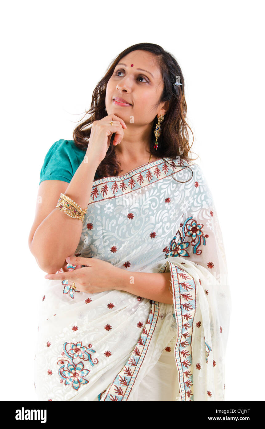 Beautiful Indian woman having a thought, isolated white background ...