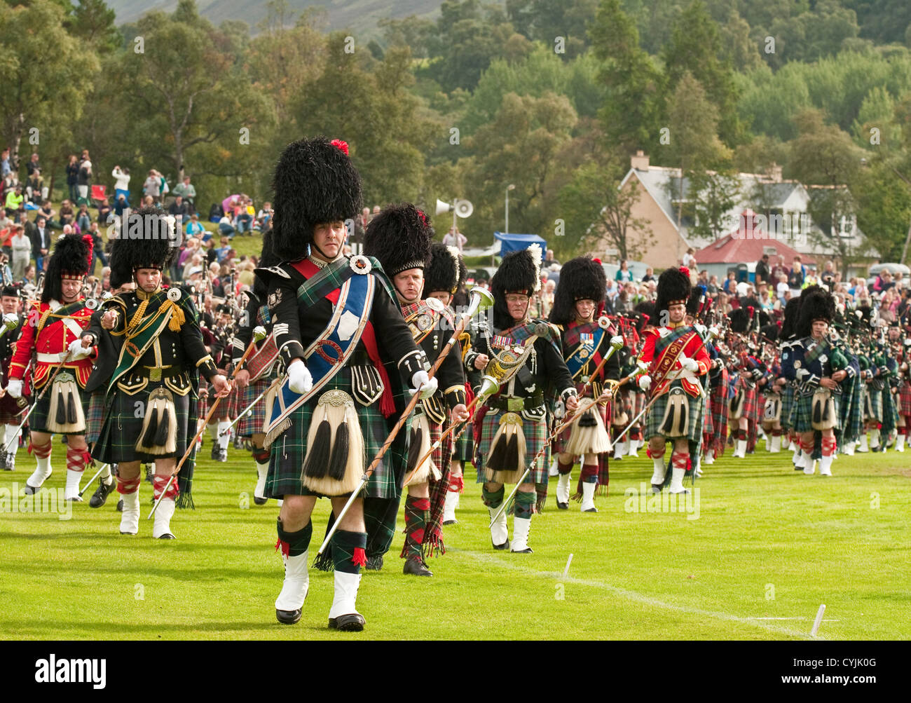 Scottish Massed Pipe Bands playing at the "Braemar Gathering Stock ...