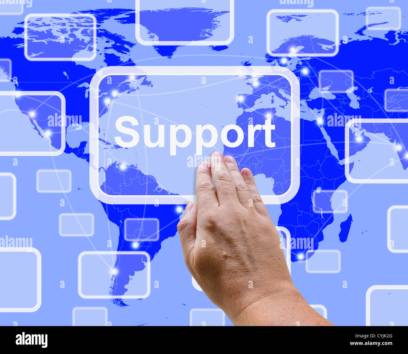 Hand Pushing Support Button On Map Showing Help And Assistance Stock ...