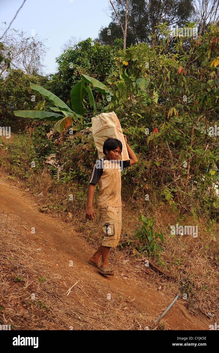 Cambodian builder carries heavy bag of bricks down rough sandy path in ...
