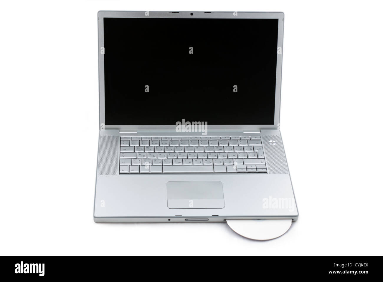 Silver portable computer with CD inserted. Front view Stock Photo - Alamy