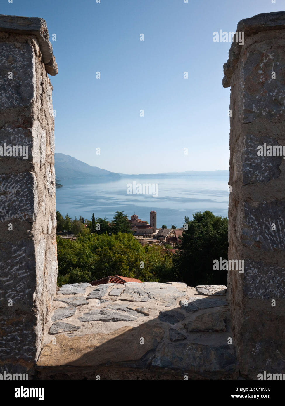 Lake Ohrid and the church of St. Clement and Pantelejmon at Plaosnik ...