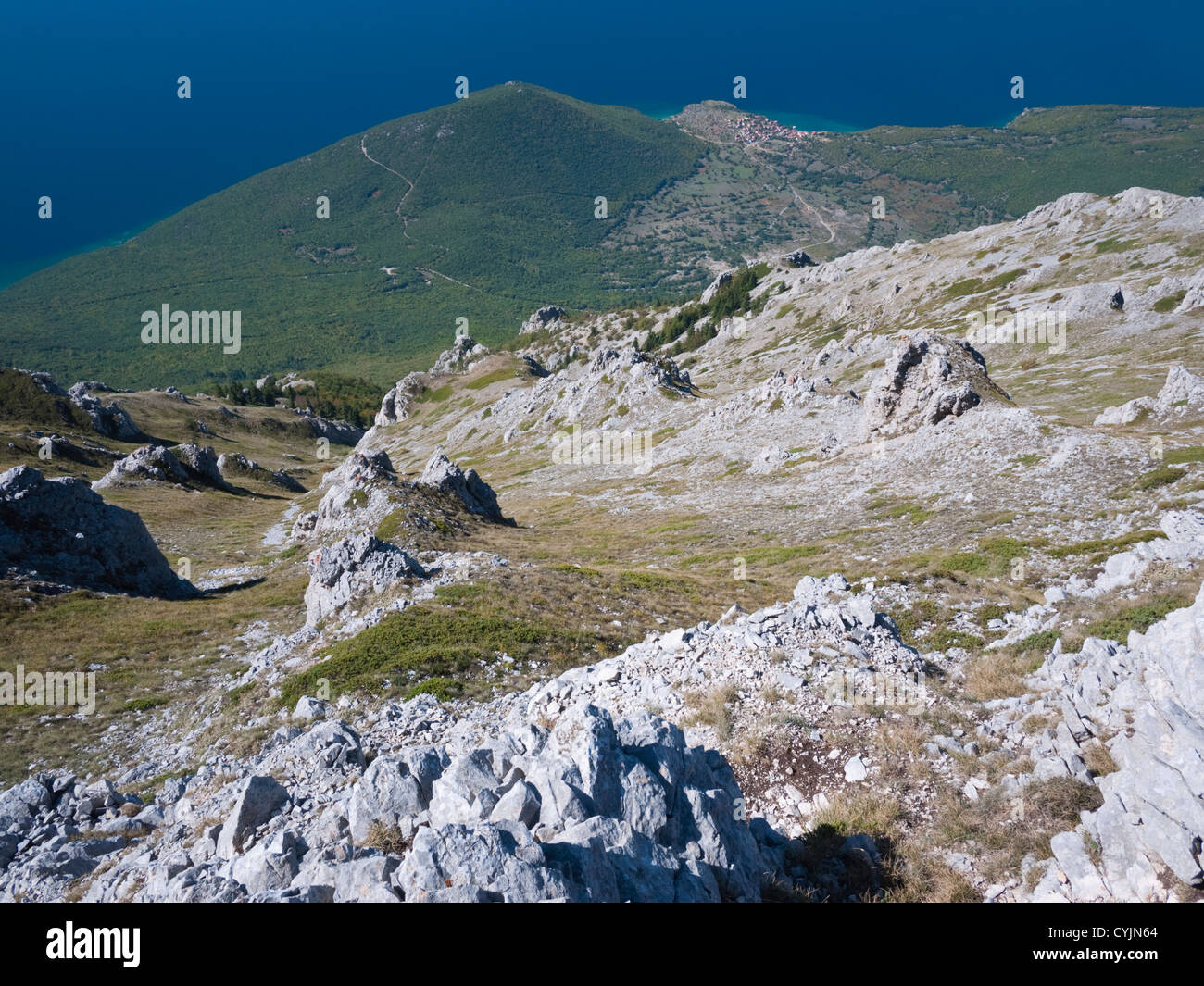 View to lake Ohrid and the village of Trpejca from Magaro, Galicica ...