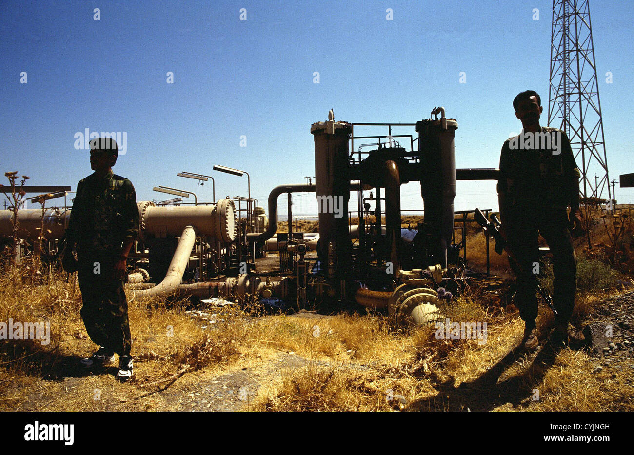 March 1997. Near Zakho, Northern Iraq. Kurdish fighters guard an oil ...