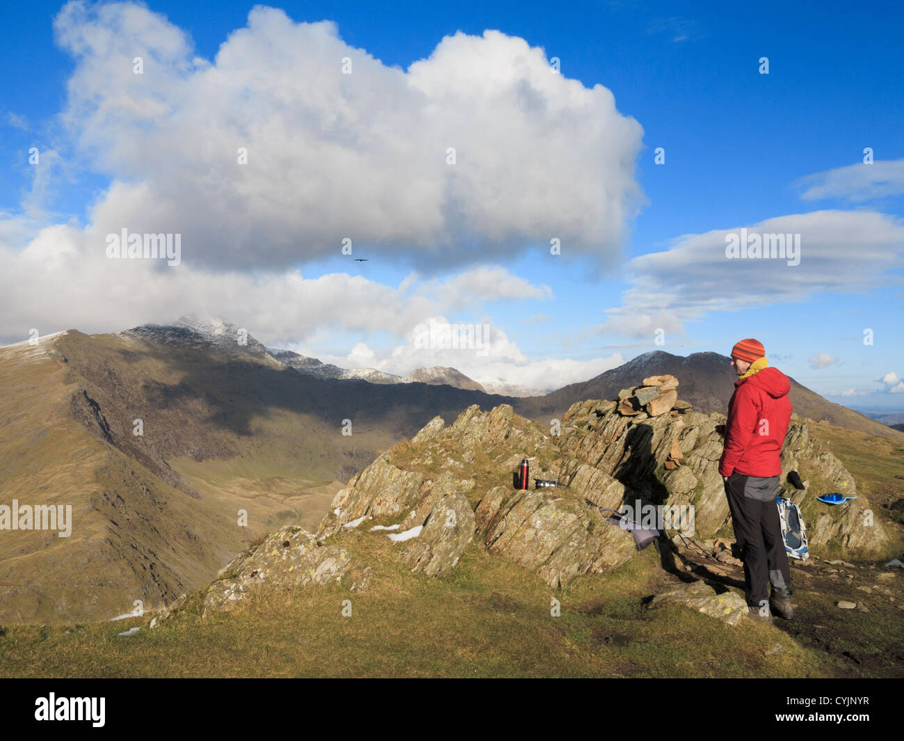Walker having a break on Yr Aran summit with view to Mount Snowdon ...