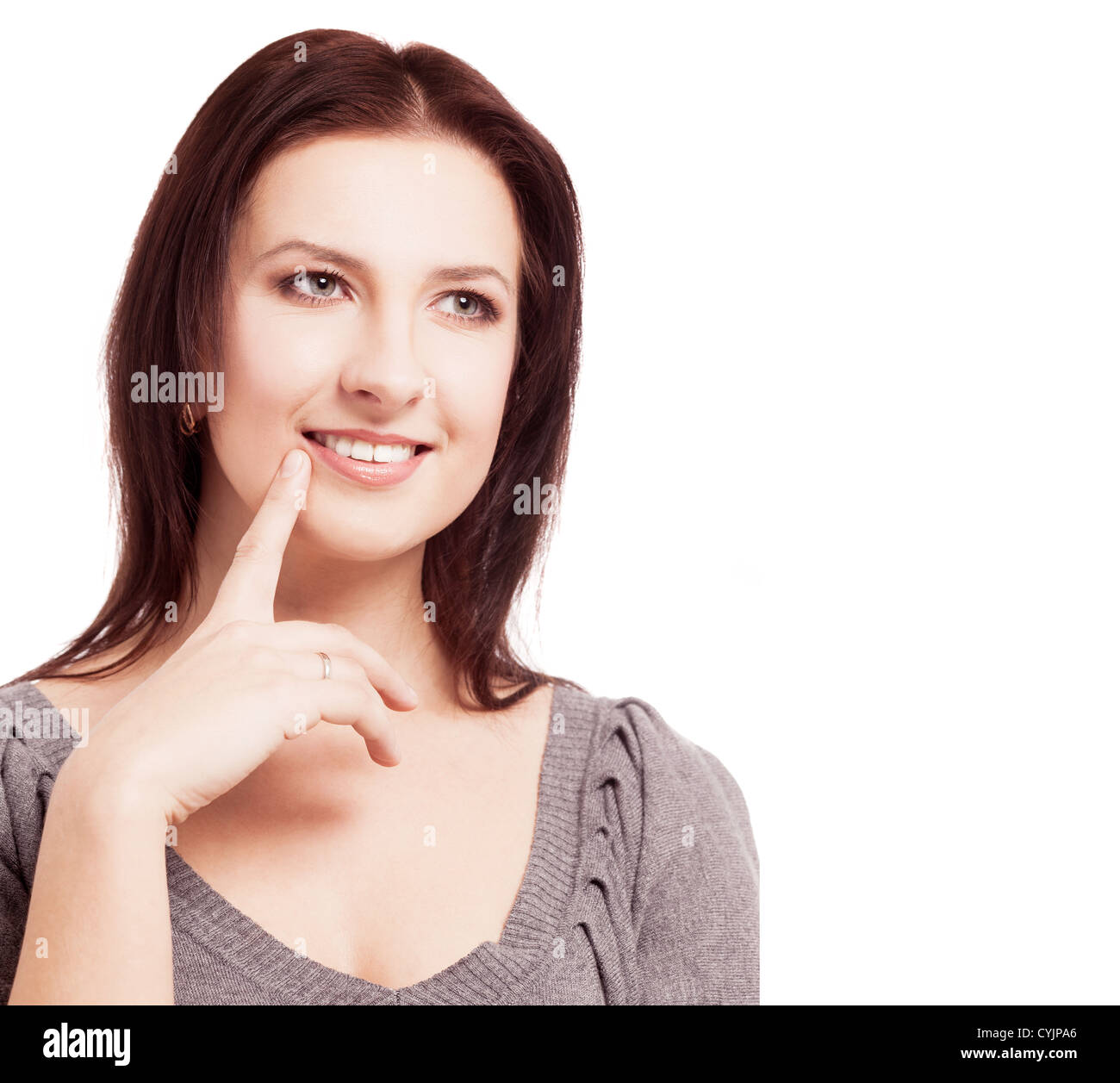 beautiful thoughtful young woman, isolated against white background ...