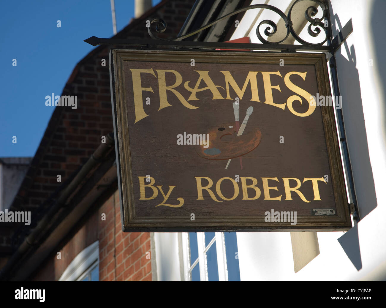 Frames by Robert art shop sign Woodbridge, Suffolk, England Stock Photo ...