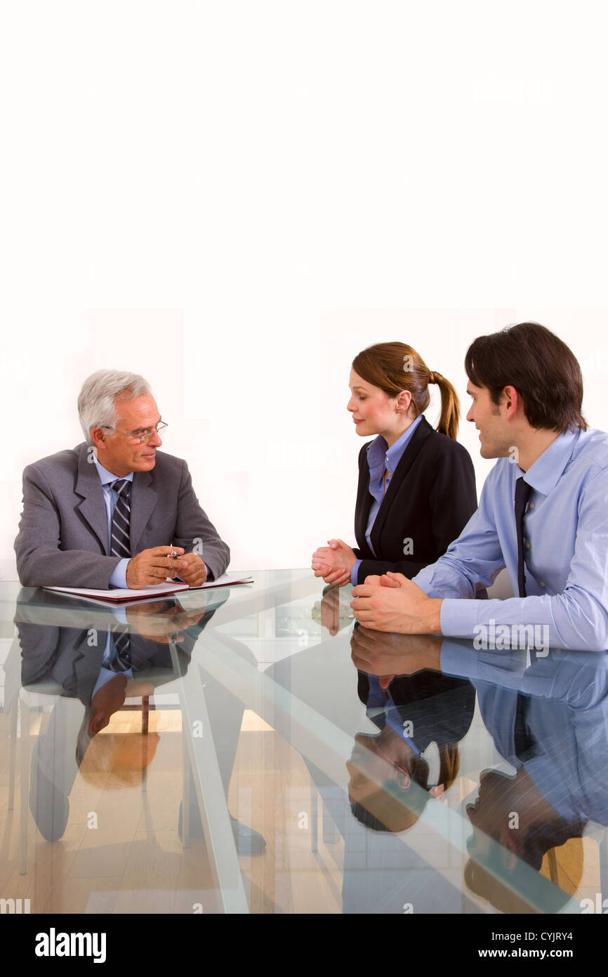 two men and one woman during a job interview Stock Photo - Alamy