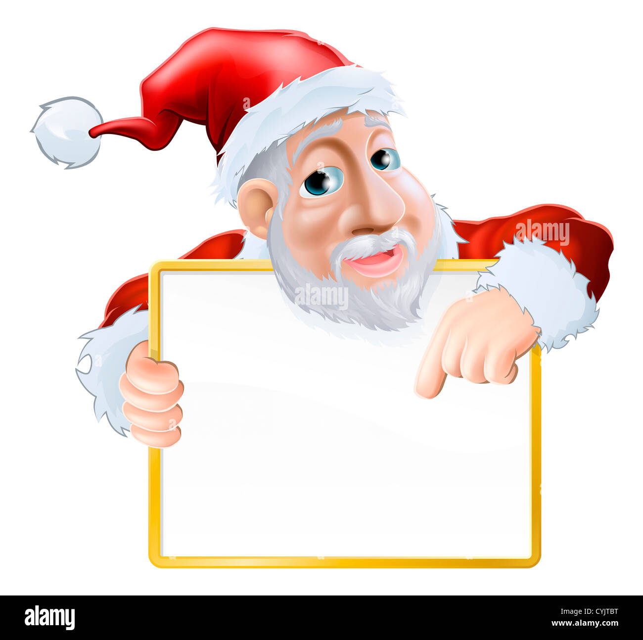 An illustration of a happy cartoon Santa holding a sign and pointing at ...