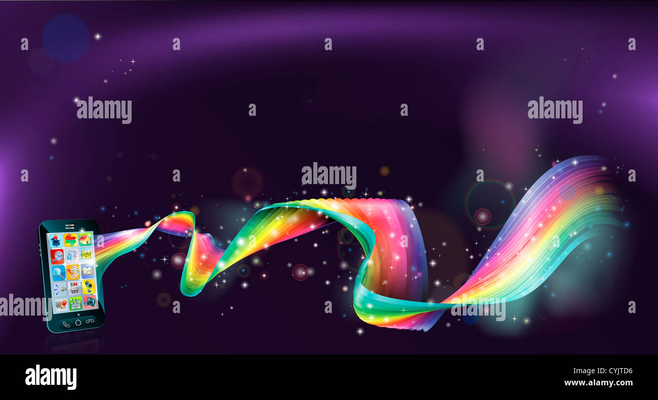 An abstract background with mobile cell phone with a rainbow flowing ...