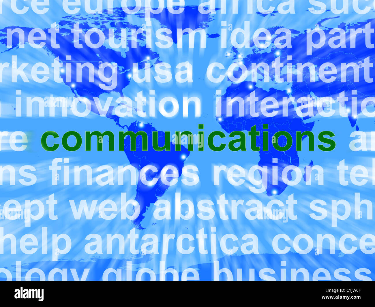 Communications Word On Map Shows Global Networking Stock Photo - Alamy