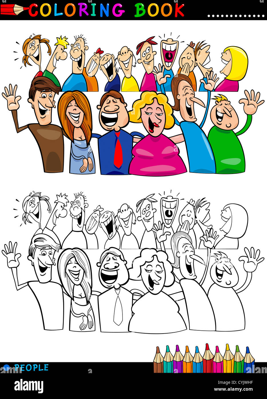 Coloring Book or Page Cartoon Illustration of Happy People Group having ...