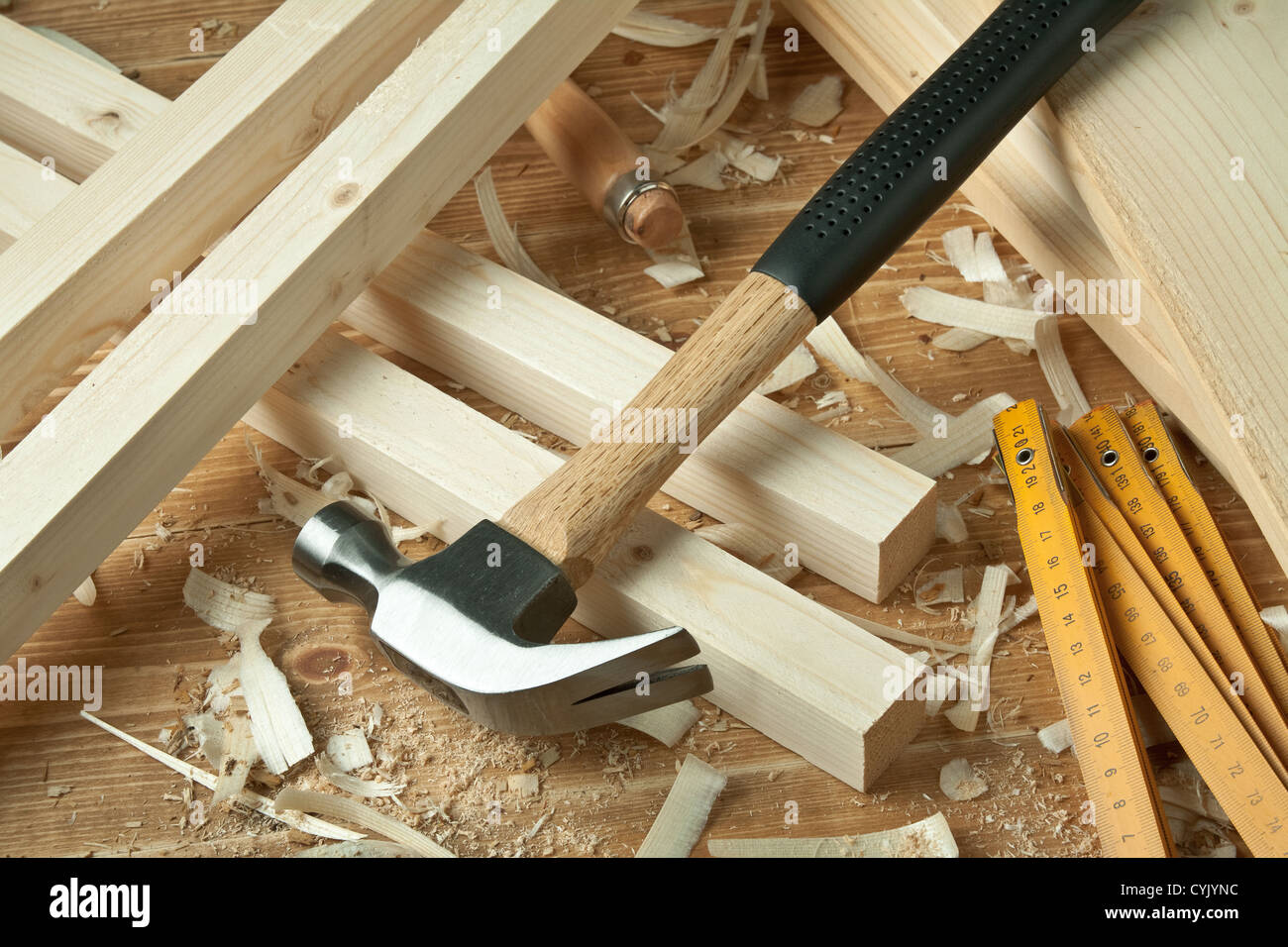 Wooden planks, hammer and ruler Stock Photo - Alamy