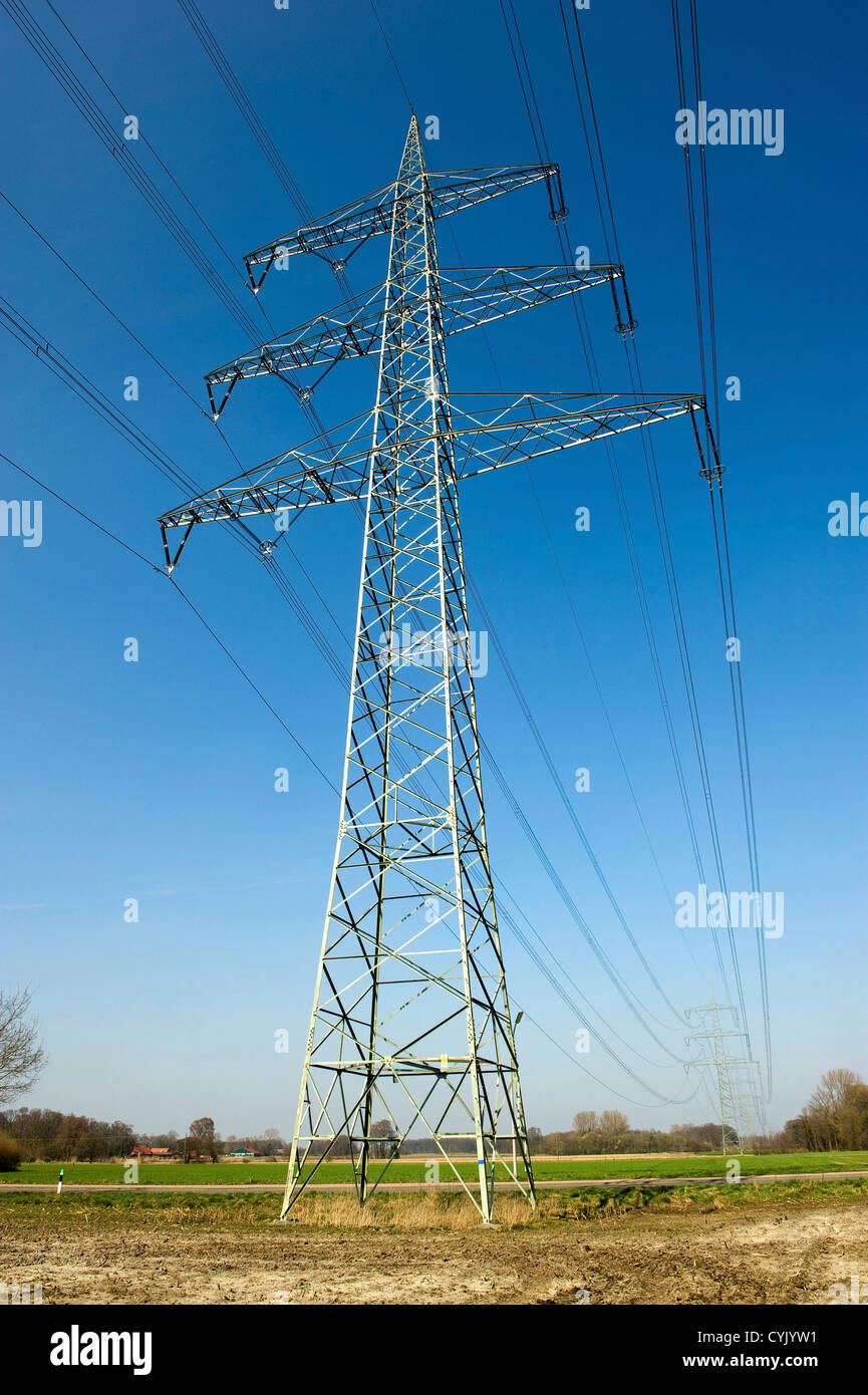 Electricity transmission pylon with blue sky on the background Stock ...