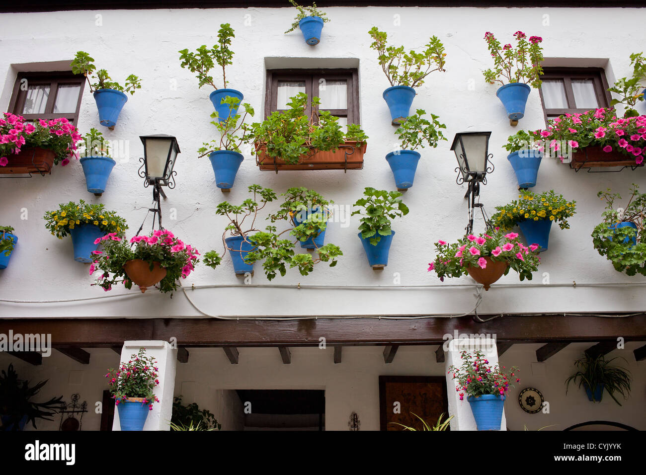 Pots with flowers and plants on a wall of a traditional house in ...