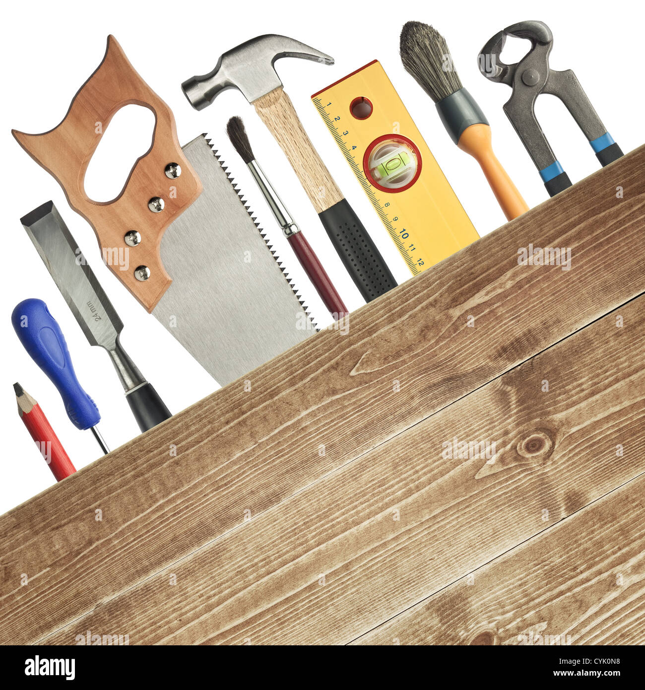 Carpentry background. Tools underneath the wood plank Stock Photo - Alamy