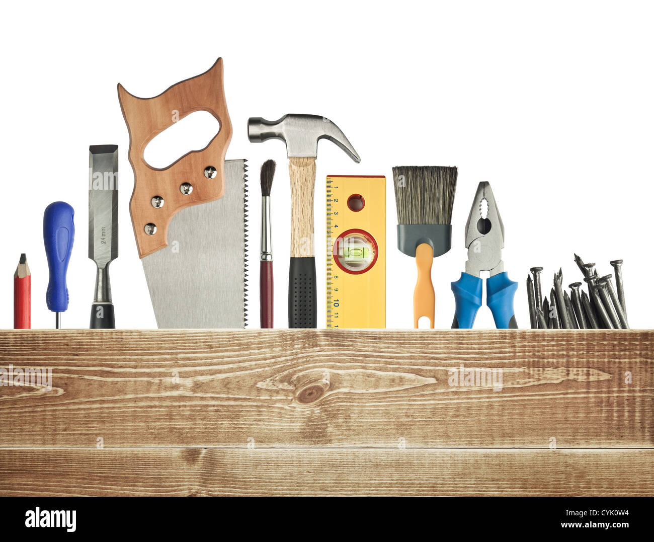Carpentry background. Tools underneath the wood plank Stock Photo - Alamy