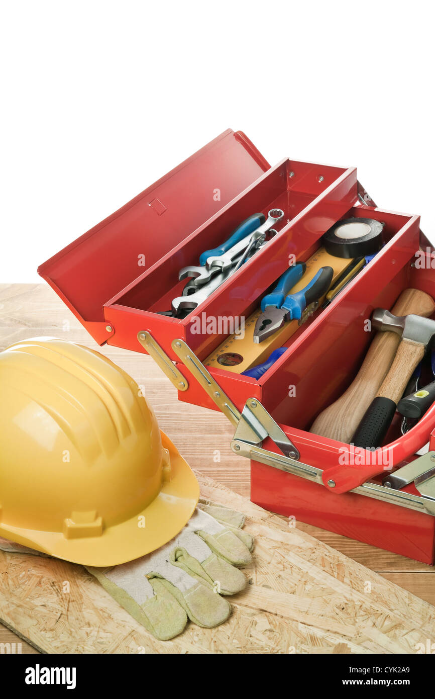 Yellow helmet and tool box Stock Photo - Alamy