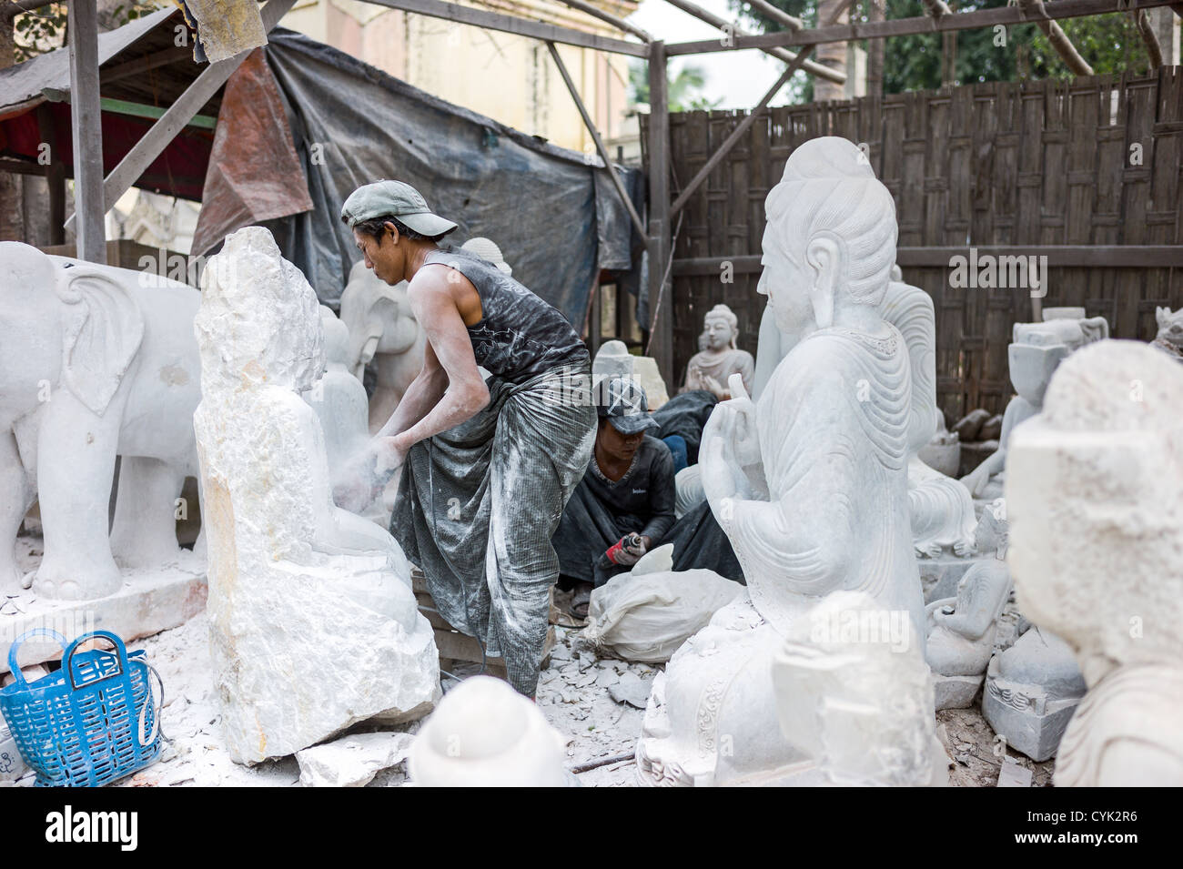 Myanmar, Mandalay, marble workers prepearing Buddha statues Stock Photo ...