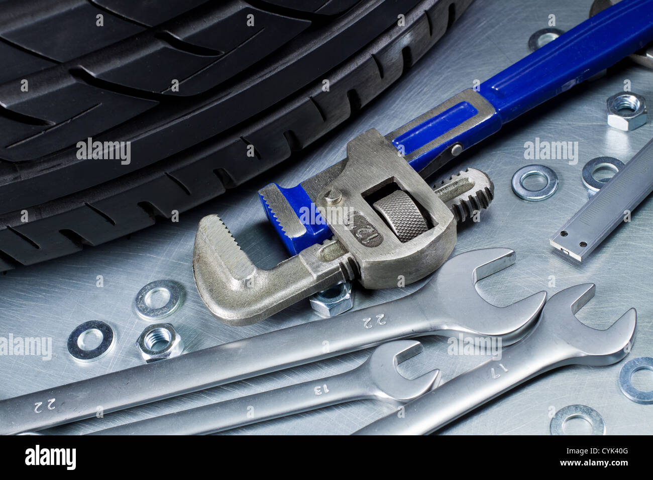 Auto repairing workshop. Tools on metal table Stock Photo - Alamy
