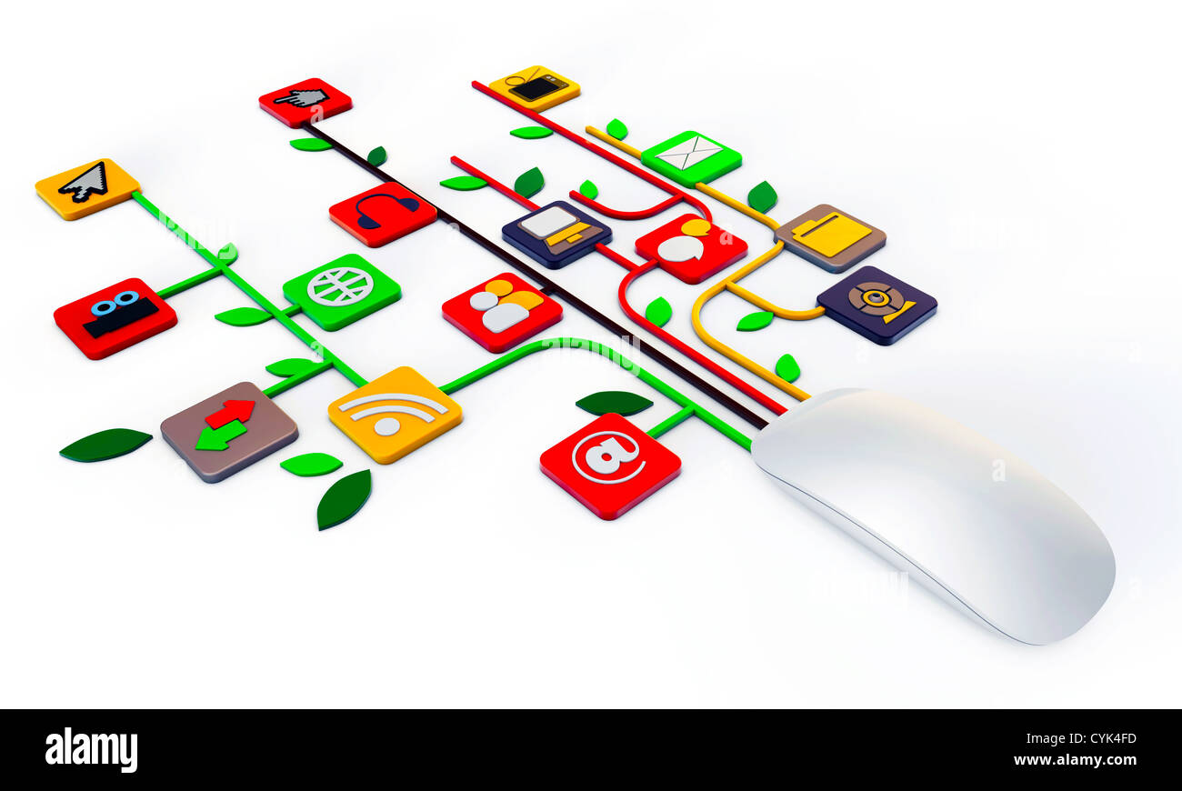 computer mouse connected with web icons isolated on white background ...