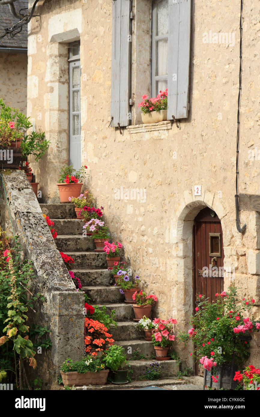 France, Vienne, Angles-sur-l'Anglin, flowered stair Stock Photo - Alamy