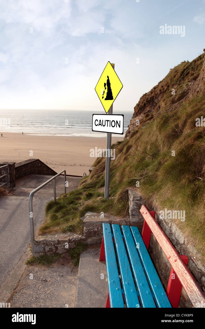 bench and a landslide sign in ballybunion county kerry ireland on a ...