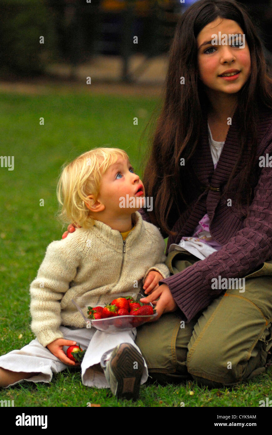 South America, Chile, Santiago de Chile, young girl and young boy ...