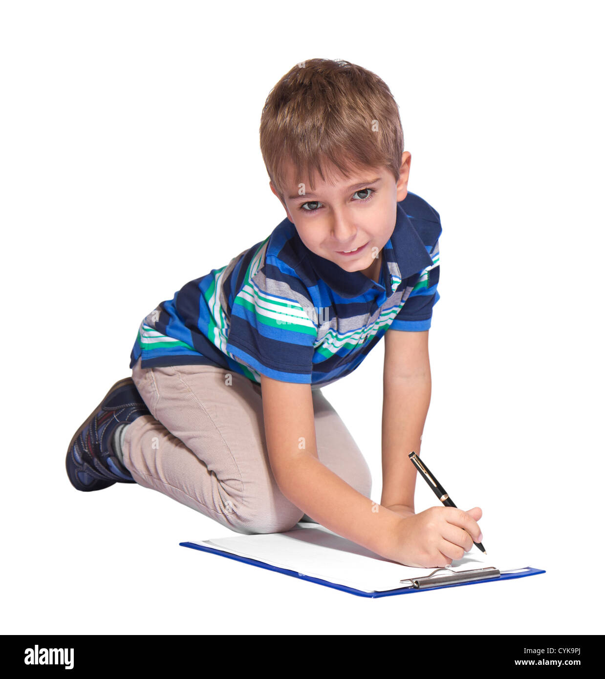 Boy writes in his diary. Isolated over white background Stock Photo - Alamy