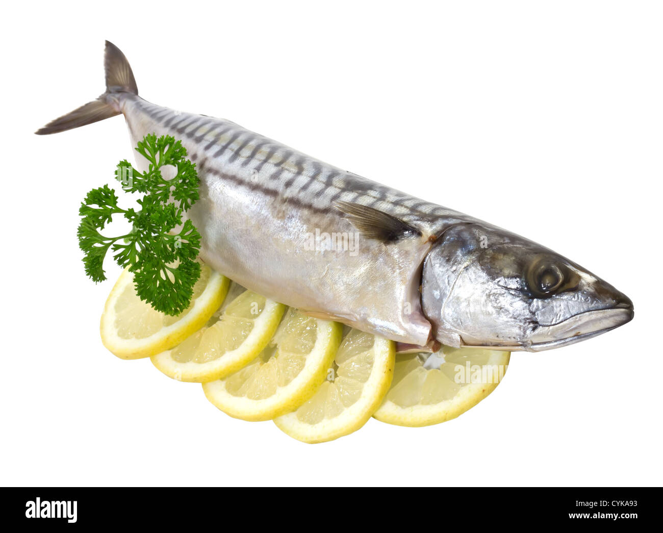 Salted mackerel with lemon on a white background Stock Photo - Alamy