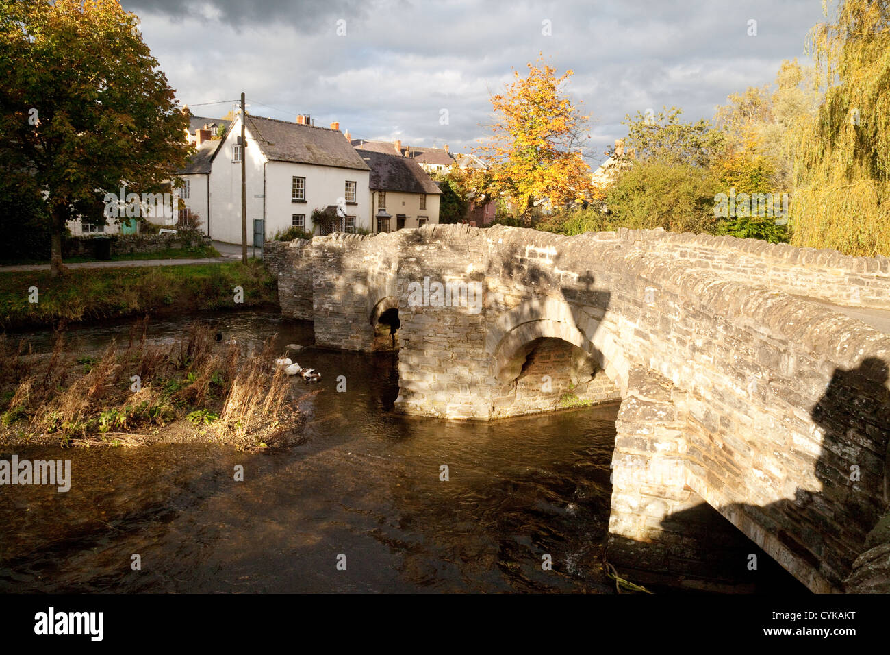 The ancient 16th century stone packhorse bridge at Clun, south ...