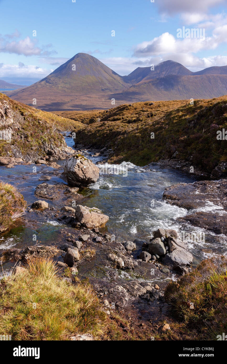 Allt Dearg Mor river with Glamaig in the Red Cuillin mountains in the ...