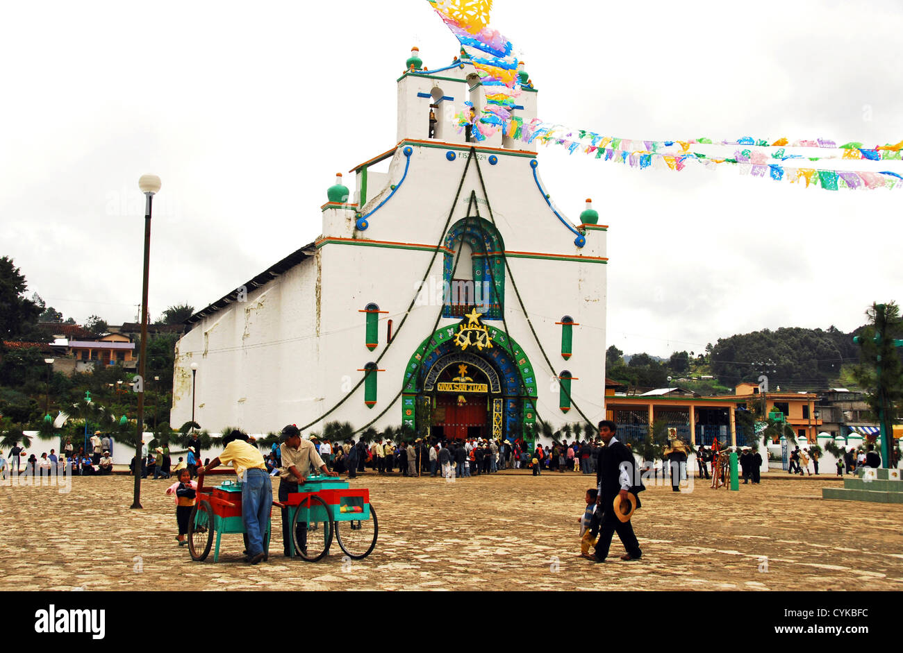 Mexico, San Juan de Chamula, local indigenous people gathering in front ...