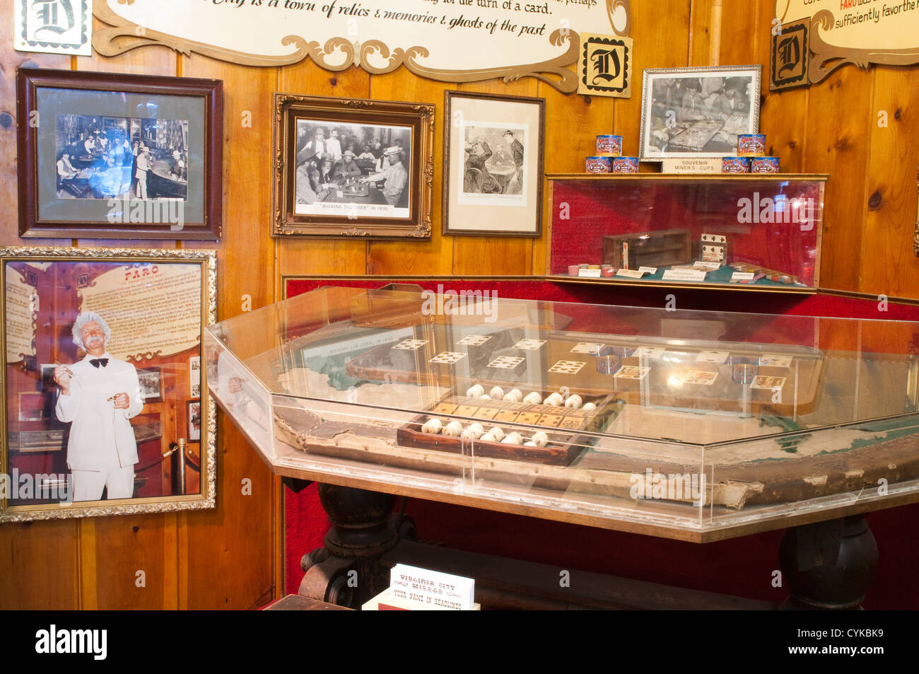 USA, Nevada. Delta Saloon suicide tablet table display, Virginia CIty ...