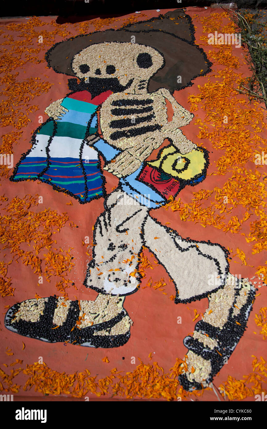 Mexico, San Miguel de Allende, skeleton made of beans with marigolds at ...