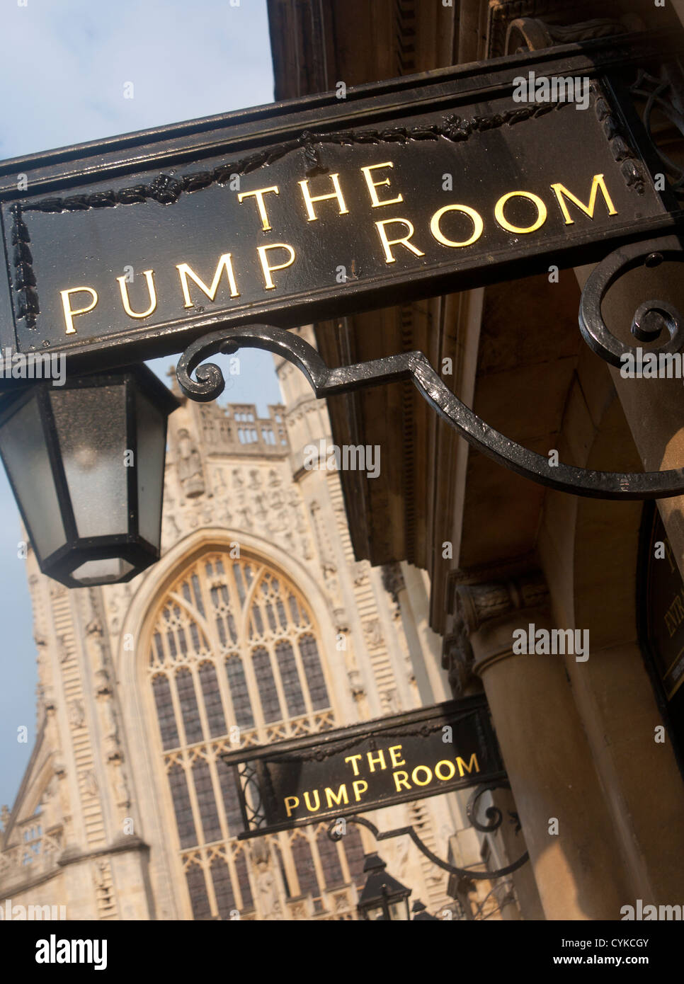 Pump Room signs with west window of Abbey church in background Bath ...