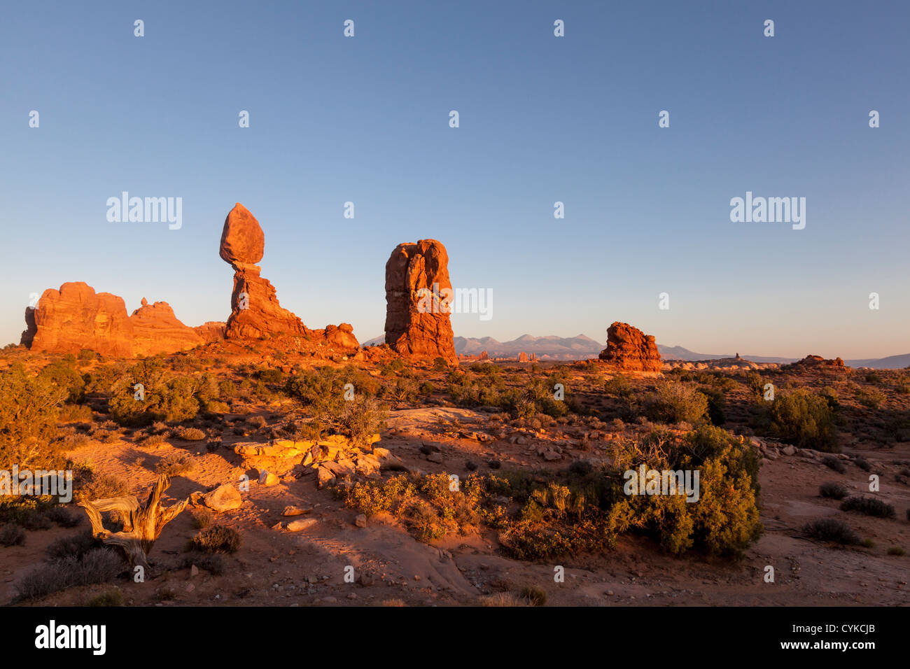 Balanced Rock formation at sunset in Arches National Park Stock Photo ...