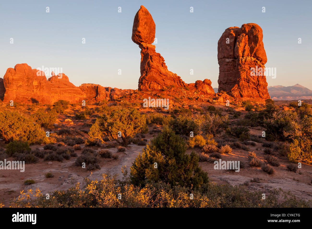 Balanced Rock formation at sunset in Arches National Park Stock Photo ...