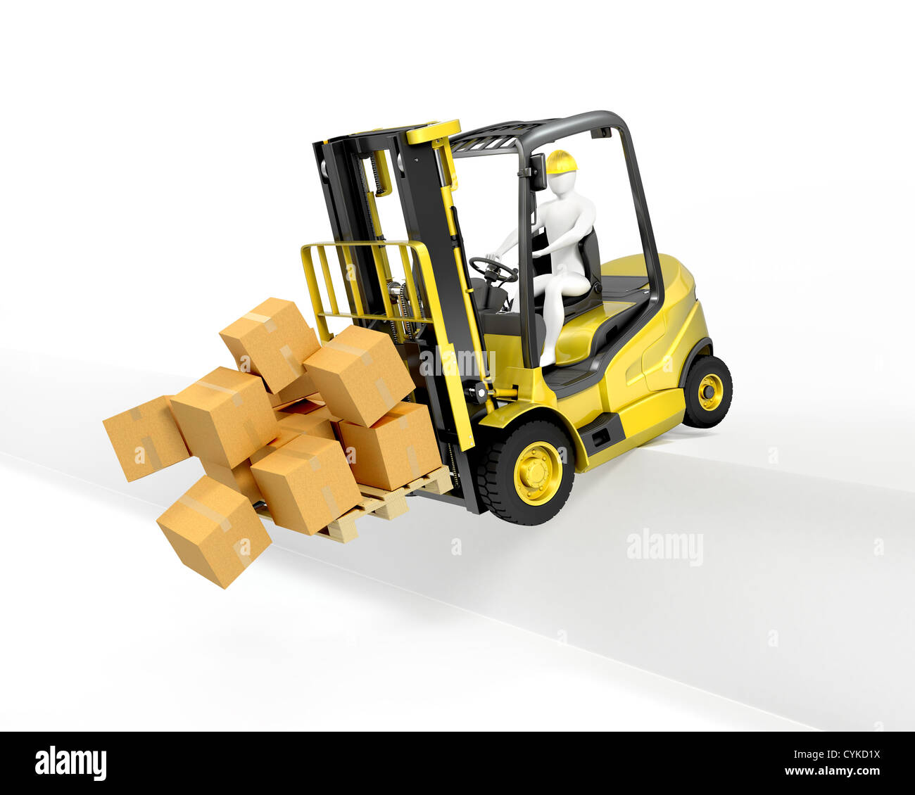 Fork lift truck falling from loading dock, isolated on white background ...