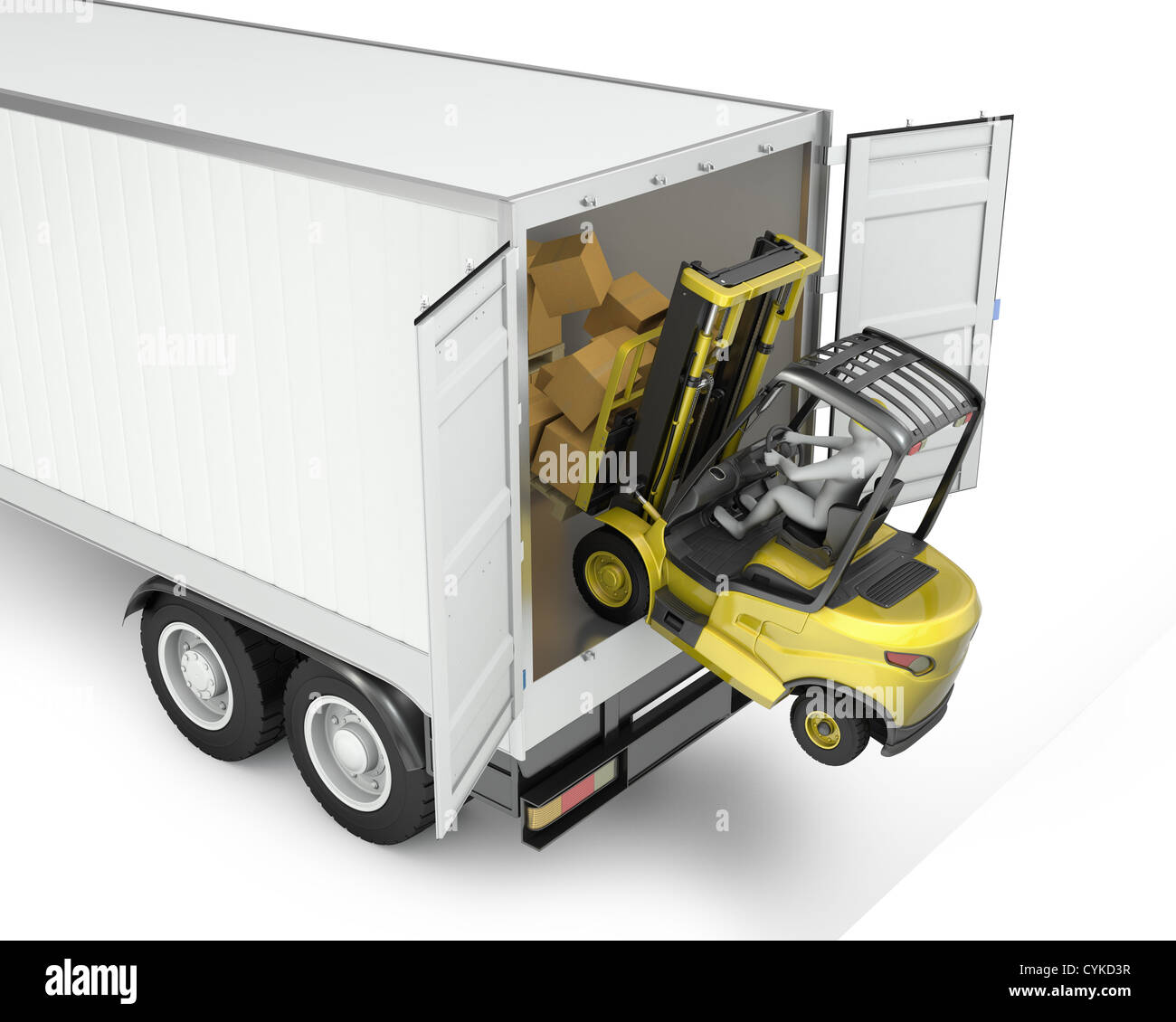Fork lift truck falling from unsecured semi trailer, isolated on white ...