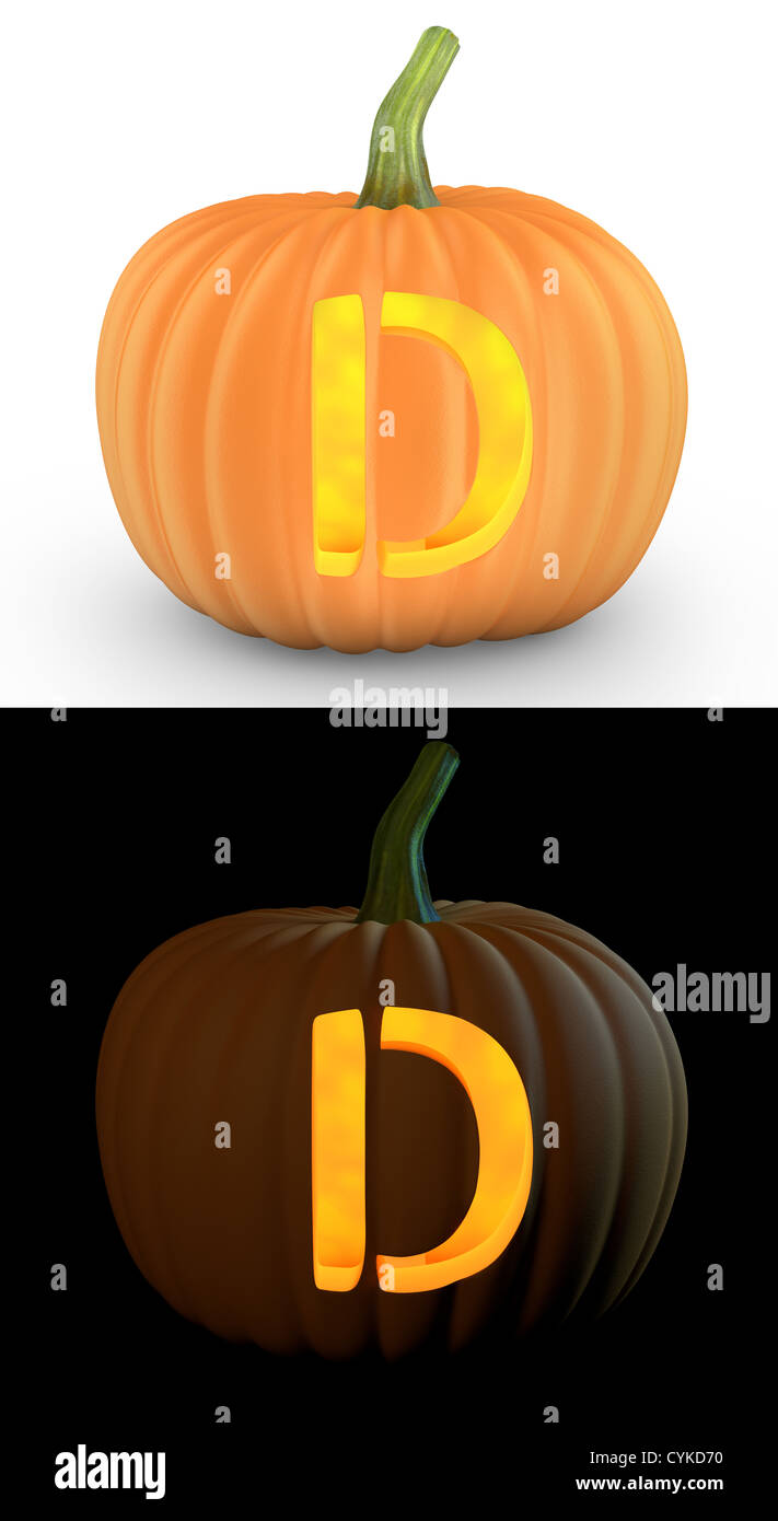 D letter carved on pumpkin jack lantern isolated on and white ...