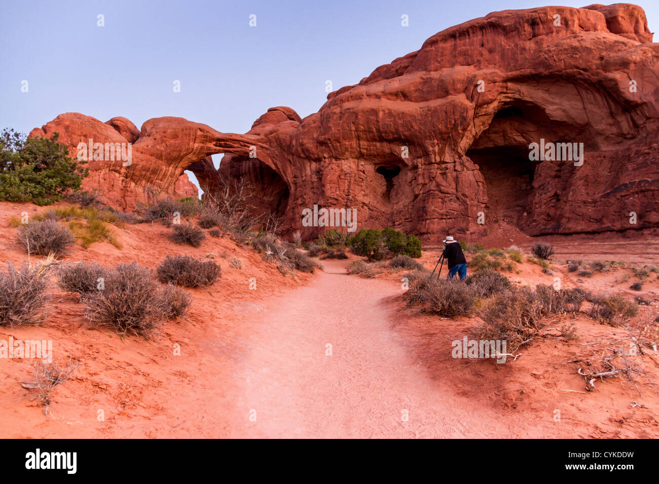 Pre-dawn early morning light reveals details of Double Arch in Arches ...