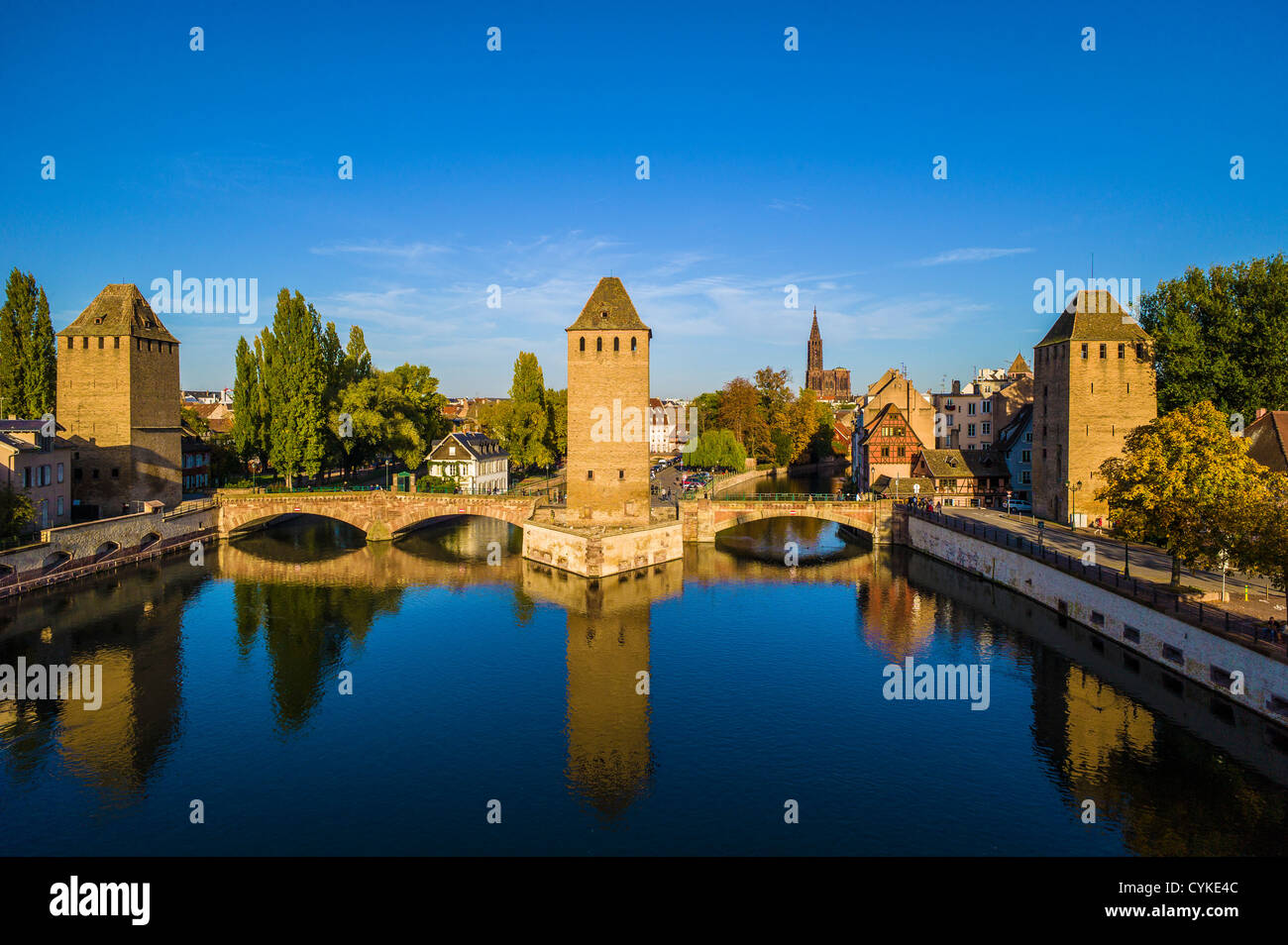 Strasbourg skyline, Ponts Couverts bridge, covered bridges, Ill river ...