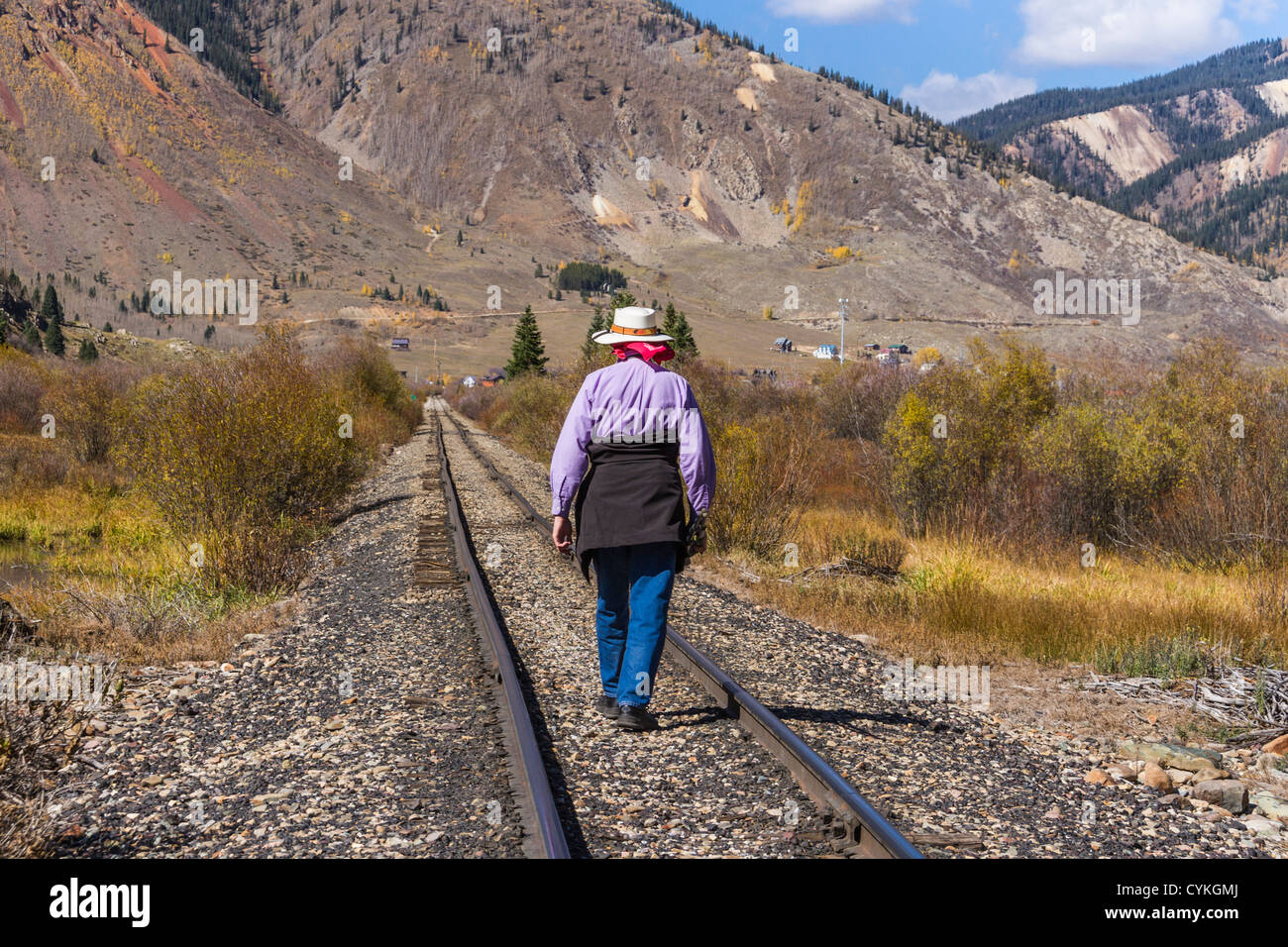 Man walking on railroad tracks at Silverton, Colorado Stock Photo - Alamy