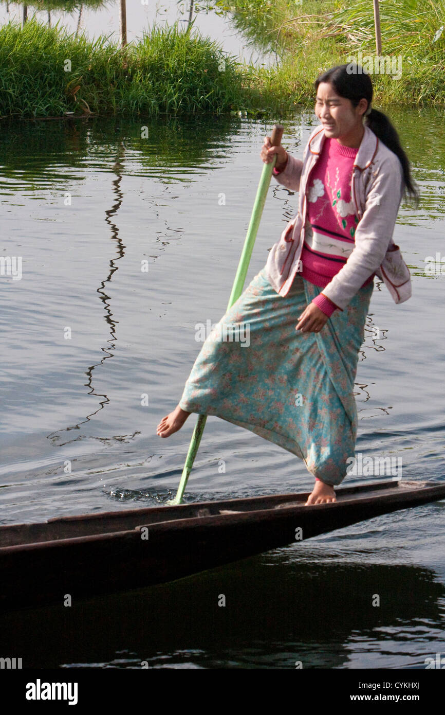Myanmar, Burma. Burmese Woman of Intha Ethnic Group Rowing in One ...